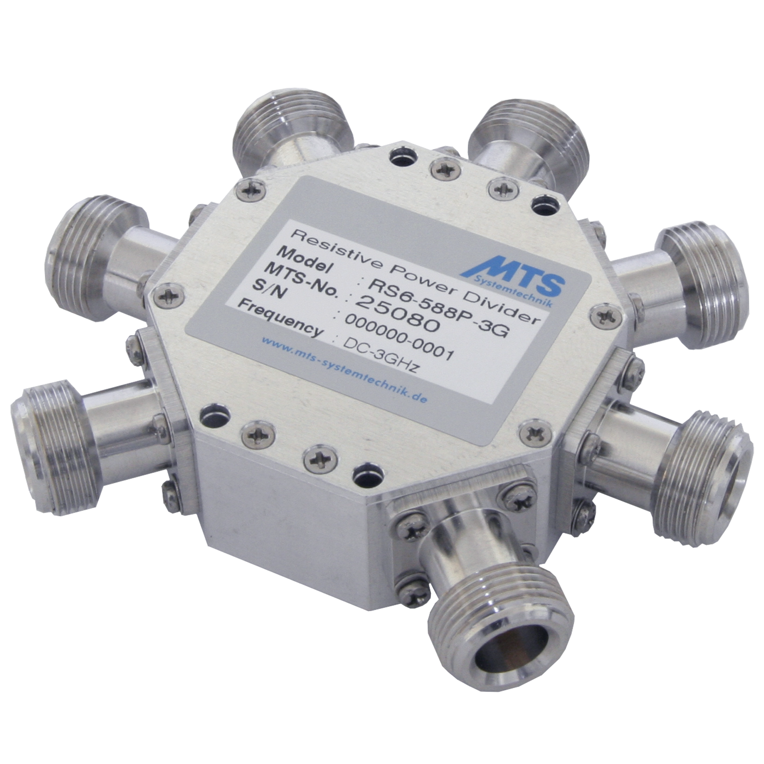 6-way power divider/combiner | DC–3 GHz, N connector, resistive